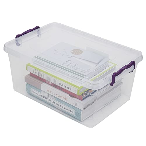 Home Basics Plastic Storage Box with Locking Lid, Clear | Durable Latches for Secure Closure | Purple Handles (15 liter)