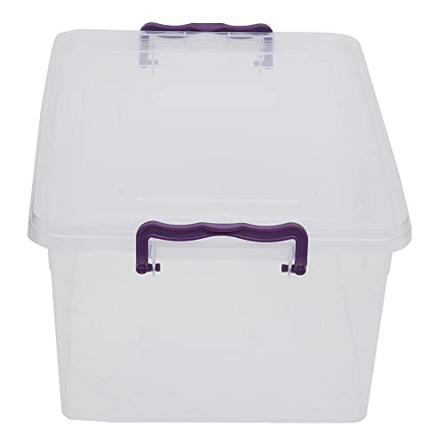 Home Basics Plastic Storage Box with Locking Lid, Clear | Durable Latches for Secure Closure | Purple Handles (15 liter)