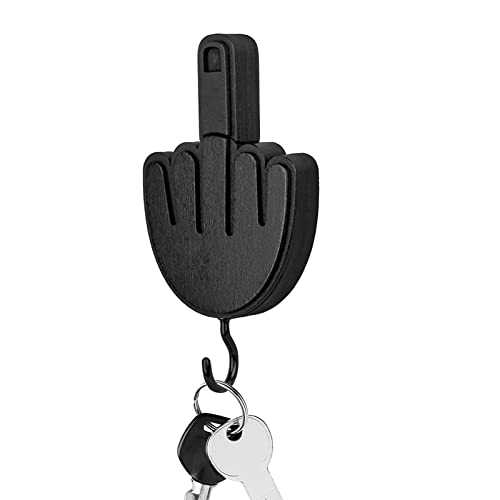 Middle Finger Key Holder Hanger, Funny Gift Key Hook, Self Adhesive Wall Retractable Key Holder for Home Decor Office 【Black / 1 Pack】