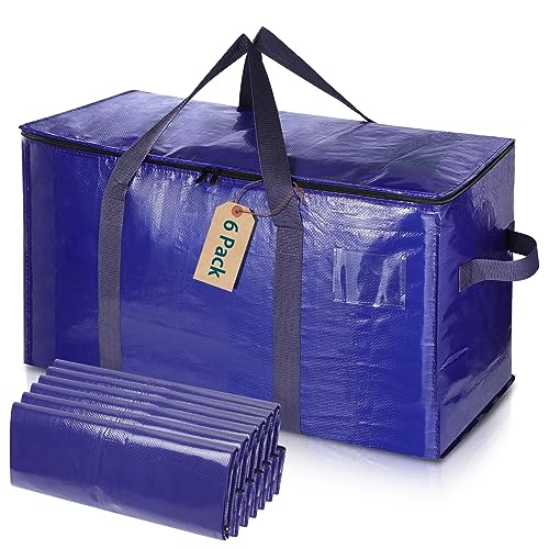 Uhogo Moving Bags Heavy Duty - 6 Pack Extra Large 110L Storage Bags with Strong Handles and Zippers - Durable, Waterproof and Space-Saving Alternative to Moving Boxes (Blue)