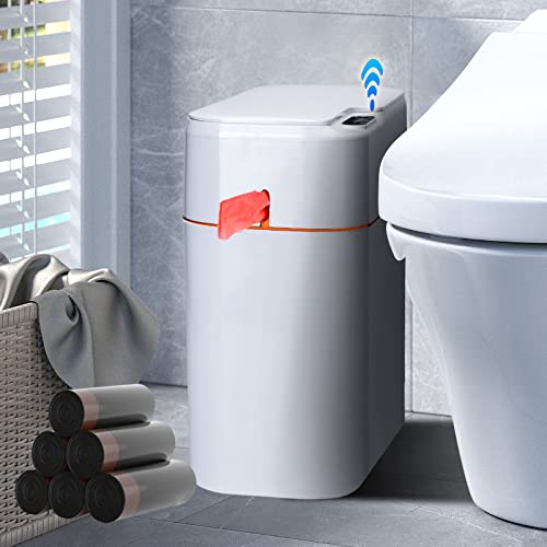 Bathroom Trash Can with Lid,4.7 Gallons Touchless Garbage Can for Bedroom,Automatic Motion Sensor Dogproof Plastic Slim Trash Bin for Office,Living Room, White,with 6 Pack Drawstring Garbage Bags