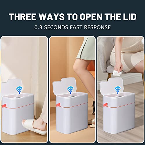 Bathroom Trash Can with Lid,4.7 Gallons Touchless Garbage Can for Bedroom,Automatic Motion Sensor Dogproof Plastic Slim Trash Bin for Office,Living Room, White,with 6 Pack Drawstring Garbage Bags