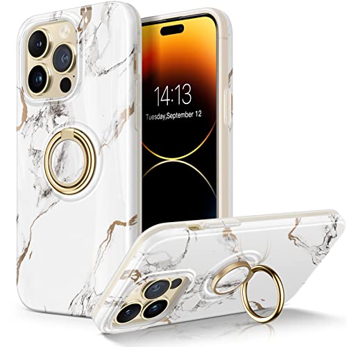 GVIEWIN Case Compatible with iPhone 14 Pro Max 6.7 Inch 2022, Built-in 360°Rotatable Ring Stand, Slim Marble Phone Holder Hard Durable Shockproof Protective Kickstand Cover Case(White/Gold)