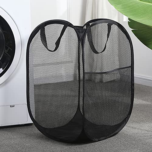 Mesh Pop up Laundry Hamper, Collapsable and Portable Laundry Basket Family College Dorm Hoom Dirt Clothes Bin with Carry Handle(Black)