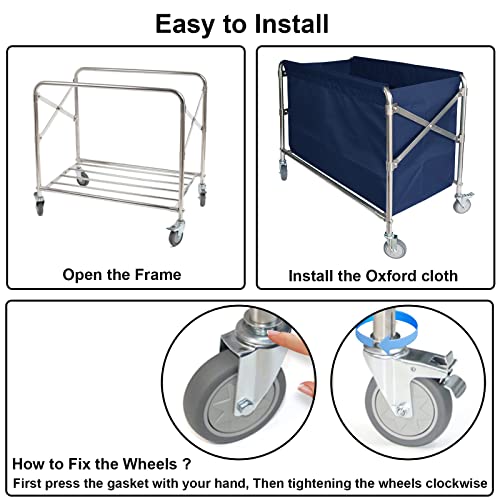 Laundry Cart With Wheels 34.25”L x 20.47”W x 30.7”H, Commercial Laundry Cart 440lbs Load Capacity, Stainless Steel Frame Waterproof Oxford Bag Foldable Industrial Laundry Hamper For Industrial/home