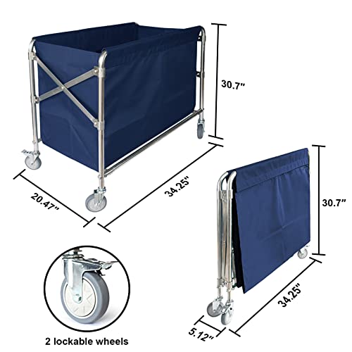 Laundry Cart With Wheels 34.25”L x 20.47”W x 30.7”H, Commercial Laundry Cart 440lbs Load Capacity, Stainless Steel Frame Waterproof Oxford Bag Foldable Industrial Laundry Hamper For Industrial/home