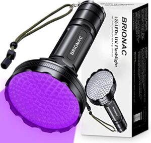 brionac uv flashlight black light, super bright 128 leds 395nm pet urine detector light for dog cat, ultraviolet flashlight for scorpions hunting, dry stains (6aa battery not included)