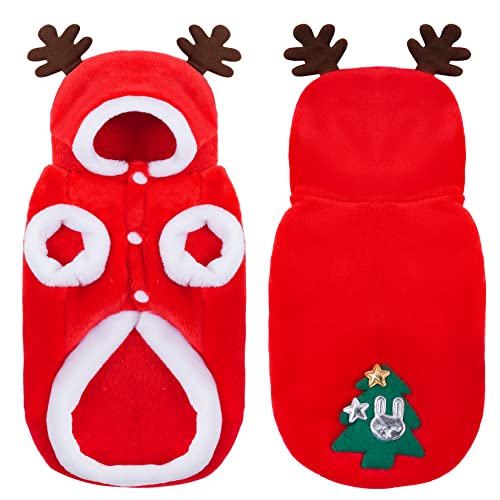 Christmas Pet Dog Costume Red Reindeer Clothes Christmas Dog Cat Elk Costume Outfit Soft Fleece Winter Warm Hoodie Xmas Clothing for Small Dogs Cats (Medium)