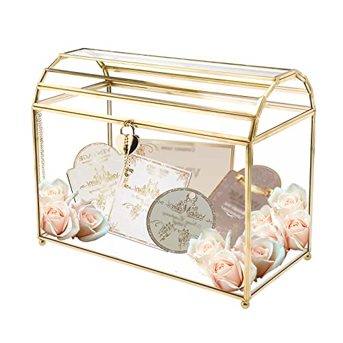 HighFree Glass Wedding Card Box with Slot & Lock, Handmade Copper Geometric Terrarium, Clear Display Box for Wedding Reception, Wishwell, Keepsake Gold (12.2inch)