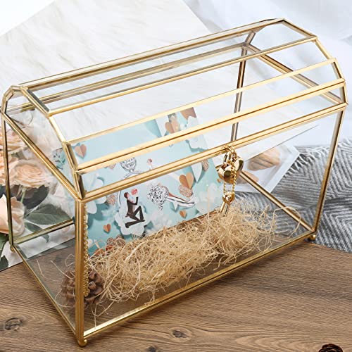 HighFree Glass Wedding Card Box with Slot & Lock, Handmade Copper Geometric Terrarium, Clear Display Box for Wedding Reception, Wishwell, Keepsake Gold (12.2inch)