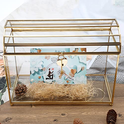 HighFree Glass Wedding Card Box with Slot & Lock, Handmade Copper Geometric Terrarium, Clear Display Box for Wedding Reception, Wishwell, Keepsake Gold (12.2inch)