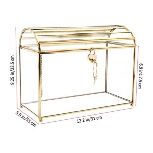 HighFree Glass Wedding Card Box with Slot & Lock, Handmade Copper Geometric Terrarium, Clear Display Box for Wedding Reception, Wishwell, Keepsake Gold (12.2inch)