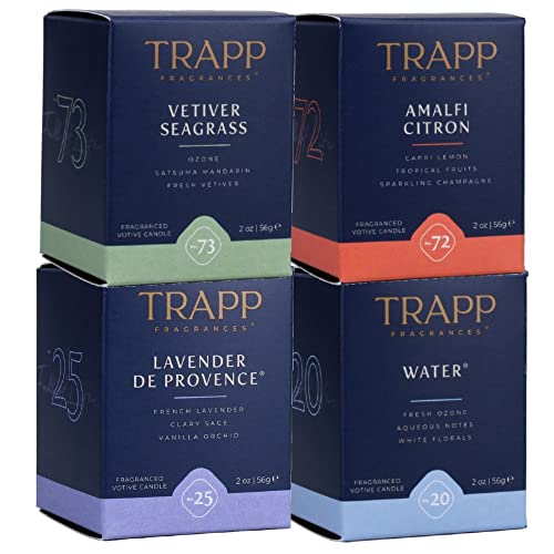 Trapp Signature Home Collection Coastal Sunrise Set 2oz Votive Scented Candle, Set of 4, Includes - No. 72 Amalfi Citron, No. 73 Vetiver Seagrass, No. 25 Lavender de Provence, and No. 20 Water