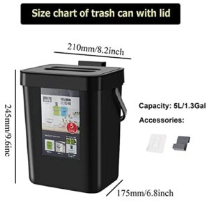 Small Trash Can with Lid Mini Kitchen Hanging Trash Can Tightly Sealed Odor Free, Small Countertop Compost Bin for Scraps from Daily Cooking, Mountable Trash Bin for Kitchen Counter, 5L/1.3 Black