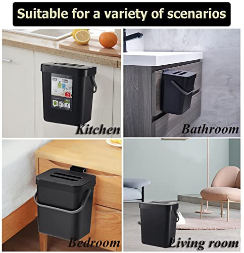 Small Trash Can with Lid Mini Kitchen Hanging Trash Can Tightly Sealed Odor Free, Small Countertop Compost Bin for Scraps from Daily Cooking, Mountable Trash Bin for Kitchen Counter, 5L/1.3 Black