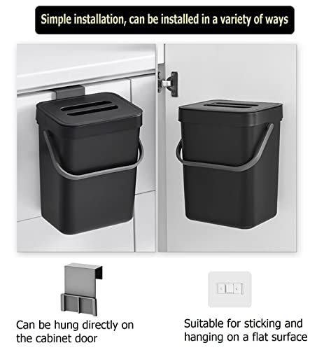 Small Trash Can with Lid Mini Kitchen Hanging Trash Can Tightly Sealed Odor Free, Small Countertop Compost Bin for Scraps from Daily Cooking, Mountable Trash Bin for Kitchen Counter, 5L/1.3 Black