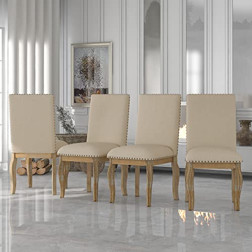 Merax Set of 4 Upholstered Fabric Dining Chairs with Nailhead Trim and Solid Wood Legs, Wood Upholstered Dining Room Chairs for Dining Room, Living Room, Bedroom (Natural Wood Wash)