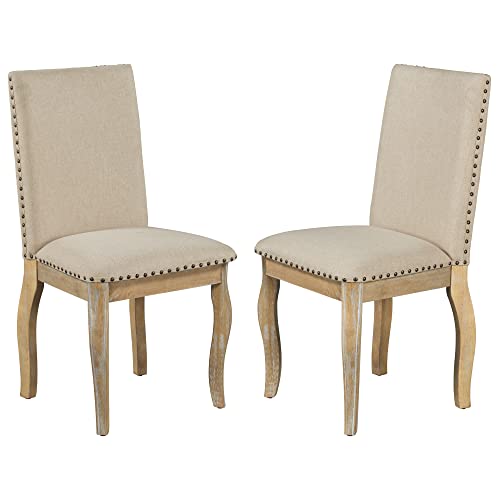 Merax Set of 4 Upholstered Fabric Dining Chairs with Nailhead Trim and Solid Wood Legs, Wood Upholstered Dining Room Chairs for Dining Room, Living Room, Bedroom (Natural Wood Wash)