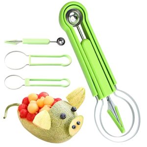 esmartlife melon baller scoop set, professional 4 in 1 stainless steel fruit carving tools knife kit,fruit scooper double sided melon baller for watermelon ice cream（green)