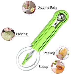 Esmartlife Melon Baller Scoop Set, Professional 4 In 1 Stainless Steel Fruit Carving Tools Knife Kit,Fruit Scooper Double Sided Melon Baller for Watermelon Ice Cream（Green)