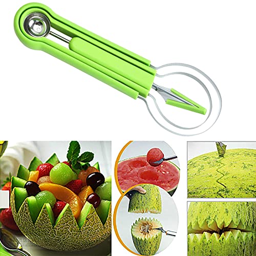 Esmartlife Melon Baller Scoop Set, Professional 4 In 1 Stainless Steel Fruit Carving Tools Knife Kit,Fruit Scooper Double Sided Melon Baller for Watermelon Ice Cream（Green)