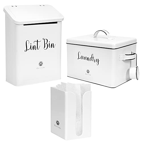 OliKai Laundry Room Organization and Storage Bin 3 Pack Set: Metal Farmhouse Storage Bin Laundry Pods Container Magnetic Lint bin Trash Can and Dryer sheet Dispenser Decorative Storage Organizers with Handle Lids