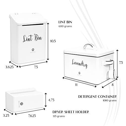 OliKai Laundry Room Organization and Storage Bin 3 Pack Set: Metal Farmhouse Storage Bin Laundry Pods Container Magnetic Lint bin Trash Can and Dryer sheet Dispenser Decorative Storage Organizers with Handle Lids