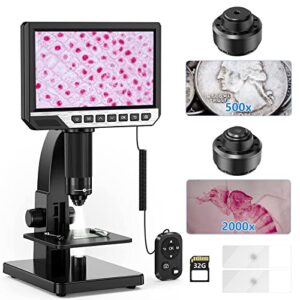 HAMOPY 2000X LCD Digital Microscope with Remote Control, 1080P Coin Microscope with 32GB Card, 7'' IPS Display Biological Microscope, 10 LED Lights, PC View, Photo/Video, Compatible for Windows/Mac/OS