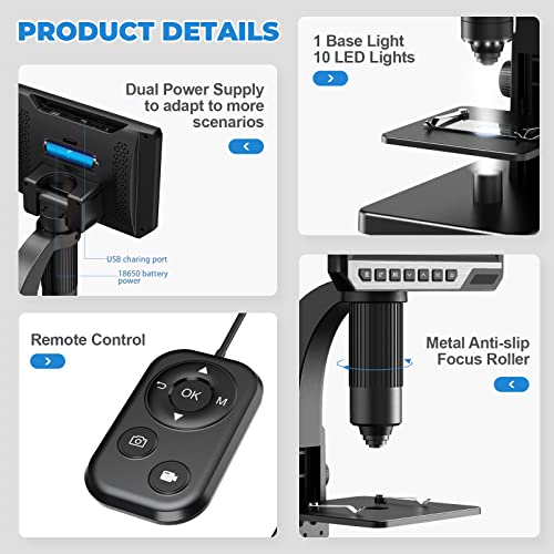 HAMOPY 2000X LCD Digital Microscope with Remote Control, 1080P Coin Microscope with 32GB Card, 7'' IPS Display Biological Microscope, 10 LED Lights, PC View, Photo/Video, Compatible for Windows/Mac/OS