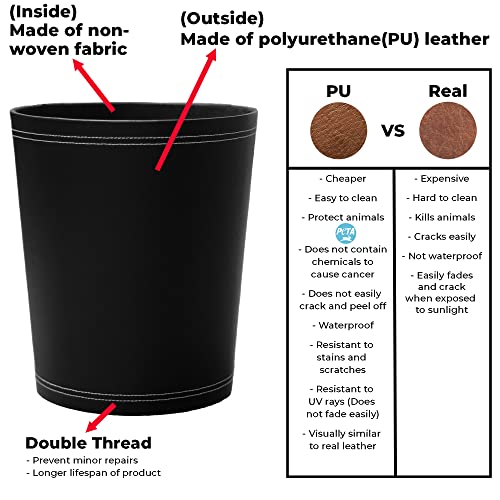 DTZ DizTreatz PU Leather Large Trash Can 2.6 Gallon/10 Liter, Wastebasket, Decorative, Stylish Lightweight Water Resistant Garbage Container Bin for Office, Home, Bedroom, Hotel, Storage