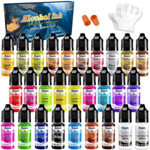 alcohol ink set - 28 bottles vivid colors high concentration metallic alcohol paint resin dye, safe fast drying effect, alcohol ink for epoxy resin, art painting, glass, tumbler making, 10ml each