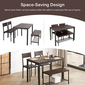 sogesfurniture 4 Piece Dining Table Set, Dining Room Set, Kitchen Dinner Table with Benches for 4, Includes Table, 2 Chairs & Bench, Brown