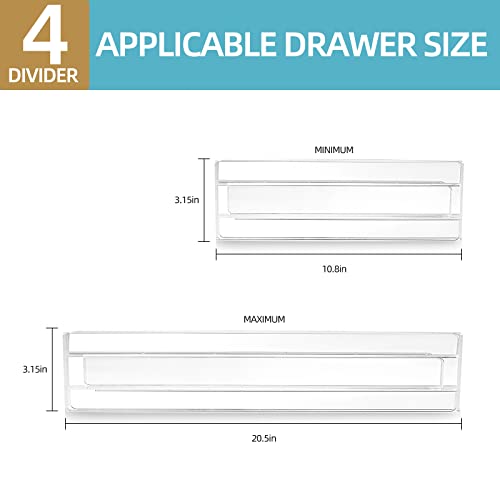 Rumia drawer divider-4 packs ,Expandable 10.5-20.5" Clear Plastic Drawer Organizers for Clothing,Kitchen Utensils，Dresser Storage