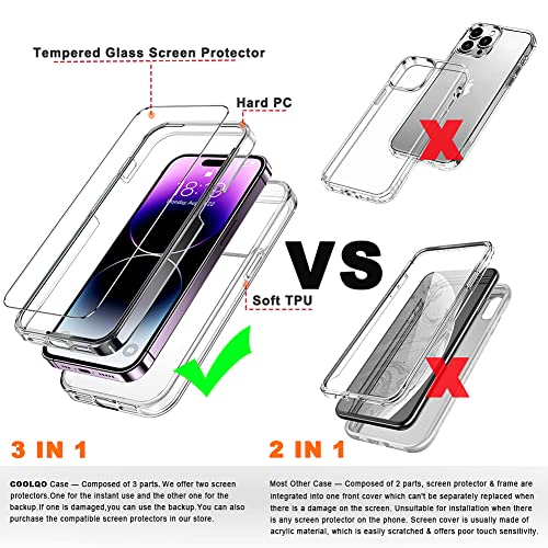 COOLQO Compatible for iPhone 14 Pro Max Case 6.7 Inch, with [2 x Tempered Glass Screen Protector] Clear 360 Full Body Protective Coverage Silicone 14 ft Military Grade Shockproof Phone Cover Clear