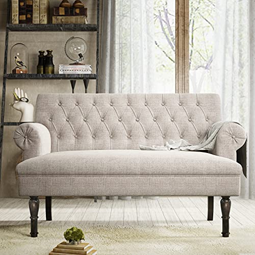 SIYAHOME Sofas & Couches 58" Linen Textured Fabric Chesterfield Settee Button Tufted Scrolled Arm Loveseat High Gourd Wood Leg Studio Bench (Pillows not Included), Light Beige