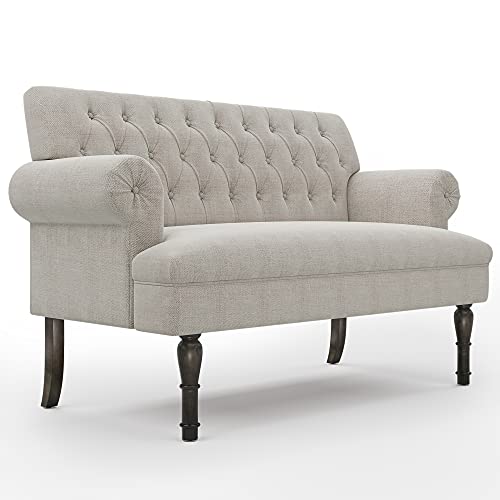 SIYAHOME Sofas & Couches 58" Linen Textured Fabric Chesterfield Settee Button Tufted Scrolled Arm Loveseat High Gourd Wood Leg Studio Bench (Pillows not Included), Light Beige