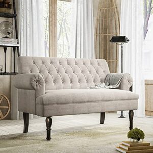 SIYAHOME Sofas & Couches 58" Linen Textured Fabric Chesterfield Settee Button Tufted Scrolled Arm Loveseat High Gourd Wood Leg Studio Bench (Pillows not Included), Light Beige