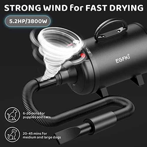 EGFKI Dog-Hair-Dryer, 5.2HP/ 3800W High Velocity Pet Blow Dryer with Heater for Grooming, Speed Temperature Adjustable Dog Blower Grooming Dryer with 4 Nozzles