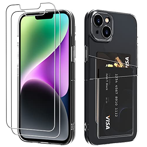 Restoo for iPhone 14 Plus Case + 2 Pack Tempered Glass Screen Protector, Clear Case with Card Holder Camera Lens Protection Protective Phone Cover for iPhone 14 Plus 6.7 Inch-Clear