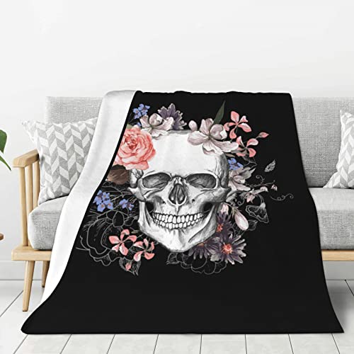 Floral Pink Sugar Flower Skull Flannel Blanket Print Soft Comfortable Throw Blanket for Bed,Sofa,Office,Camping and Travel Warm&Lightweight Plush Blanket Gift for Halloween Christmas 60"*90"