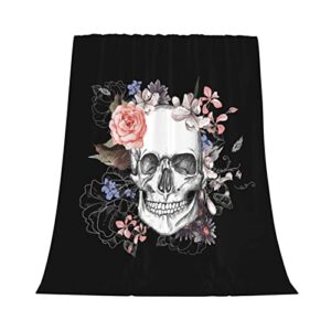 Floral Pink Sugar Flower Skull Flannel Blanket Print Soft Comfortable Throw Blanket for Bed,Sofa,Office,Camping and Travel Warm&Lightweight Plush Blanket Gift for Halloween Christmas 60"*90"