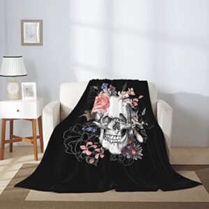 Floral Pink Sugar Flower Skull Flannel Blanket Print Soft Comfortable Throw Blanket for Bed,Sofa,Office,Camping and Travel Warm&Lightweight Plush Blanket Gift for Halloween Christmas 60"*90"