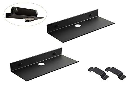 Z metnal Metal Floating Shelves with Cable Clip, Shelves for Bluetooth Speaker Router Cameras, Wall Mounted, Display Shelf, Matt Black, Aluminum, 12 inch, 2 Pack