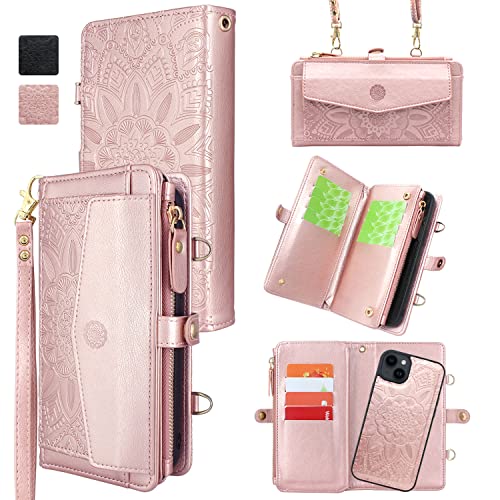 Harryshell Compatible with iPhone 14 / iPhone 13 6.1 inch 2022, [Block Theft Card Scanning], Detachable Magnetic Case Wallet Cash Zipper Pocket Crossbody Lanyard Strap (Floral Rose Gold)