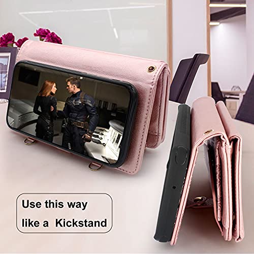 Harryshell Compatible with iPhone 14 / iPhone 13 6.1 inch 2022, [Block Theft Card Scanning], Detachable Magnetic Case Wallet Cash Zipper Pocket Crossbody Lanyard Strap (Floral Rose Gold)