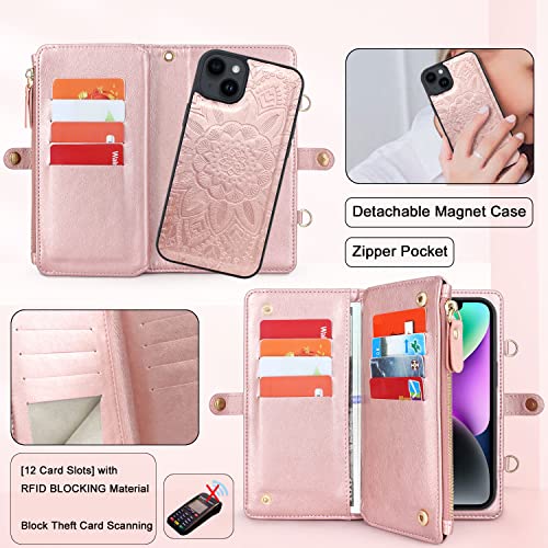 Harryshell Compatible with iPhone 14 / iPhone 13 6.1 inch 2022, [Block Theft Card Scanning], Detachable Magnetic Case Wallet Cash Zipper Pocket Crossbody Lanyard Strap (Floral Rose Gold)