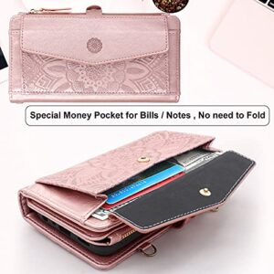 Harryshell Compatible with iPhone 14 / iPhone 13 6.1 inch 2022, [Block Theft Card Scanning], Detachable Magnetic Case Wallet Cash Zipper Pocket Crossbody Lanyard Strap (Floral Rose Gold)