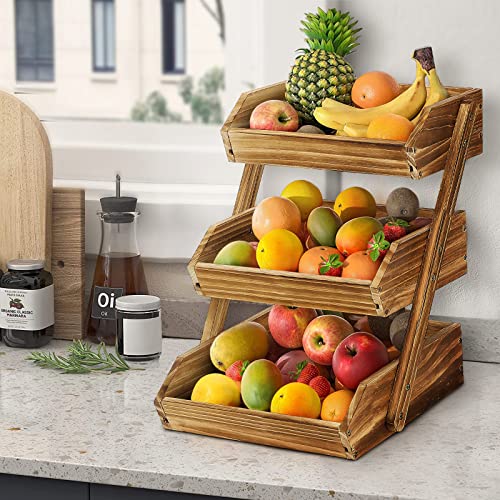 G.a HOMEFAVOR Fruit Basket, 3 Tier Wooden Fruit Basket for Kitchen, Fruit Stand Storage Holder, Fruit Bowl for Fruit, Vegetables and Snack Home Kitchen Countertop Organizer (Self-assembly)