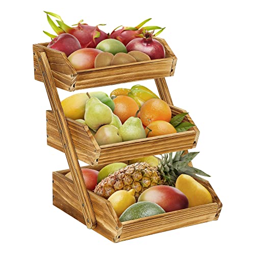 G.a HOMEFAVOR Fruit Basket, 3 Tier Wooden Fruit Basket for Kitchen, Fruit Stand Storage Holder, Fruit Bowl for Fruit, Vegetables and Snack Home Kitchen Countertop Organizer (Self-assembly)