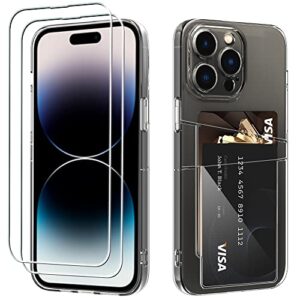 restoo for iphone 14 pro max case + 2 pack tempered glass screen protector, clear case with card holder camera lens protection protective phone cover for iphone 14 pro max 6.7 inch-clear